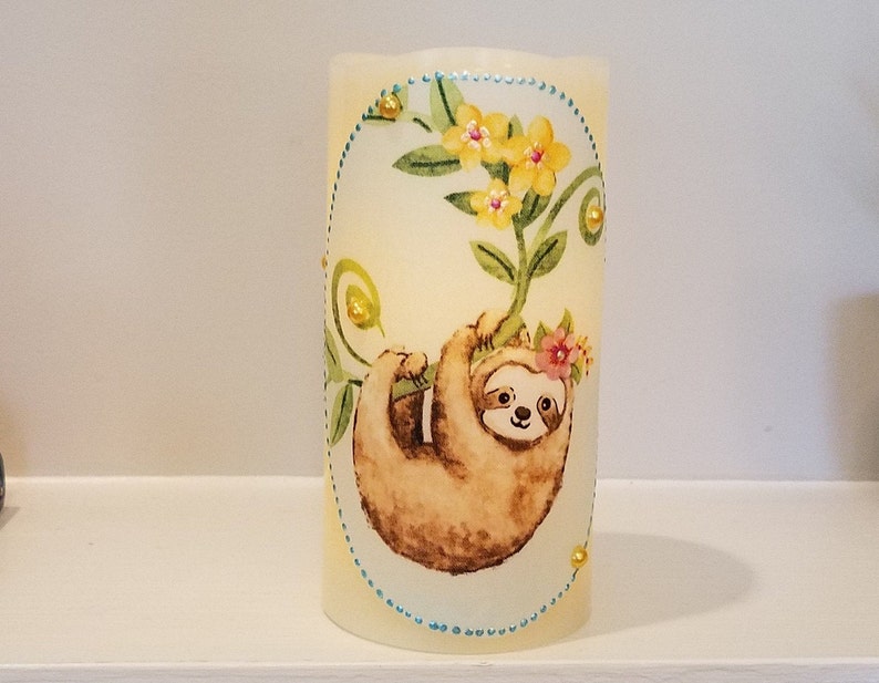 LED Pillar Candle With Two Sloths in the Flowers | Etsy