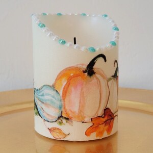 Fall LED Pillar Candle With Pumpkins, Fall Leaves and Gourds - Etsy