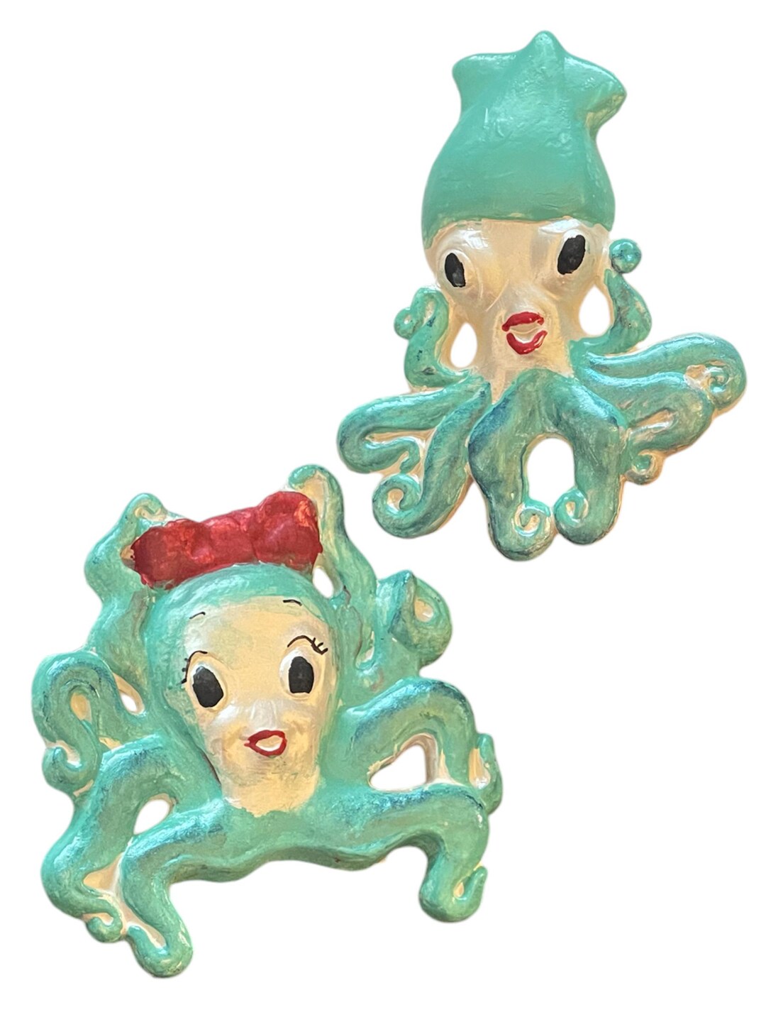 Anthropomorphic Octopus and Squid Set, Aqua Vintage Chalkware, Plaster ...