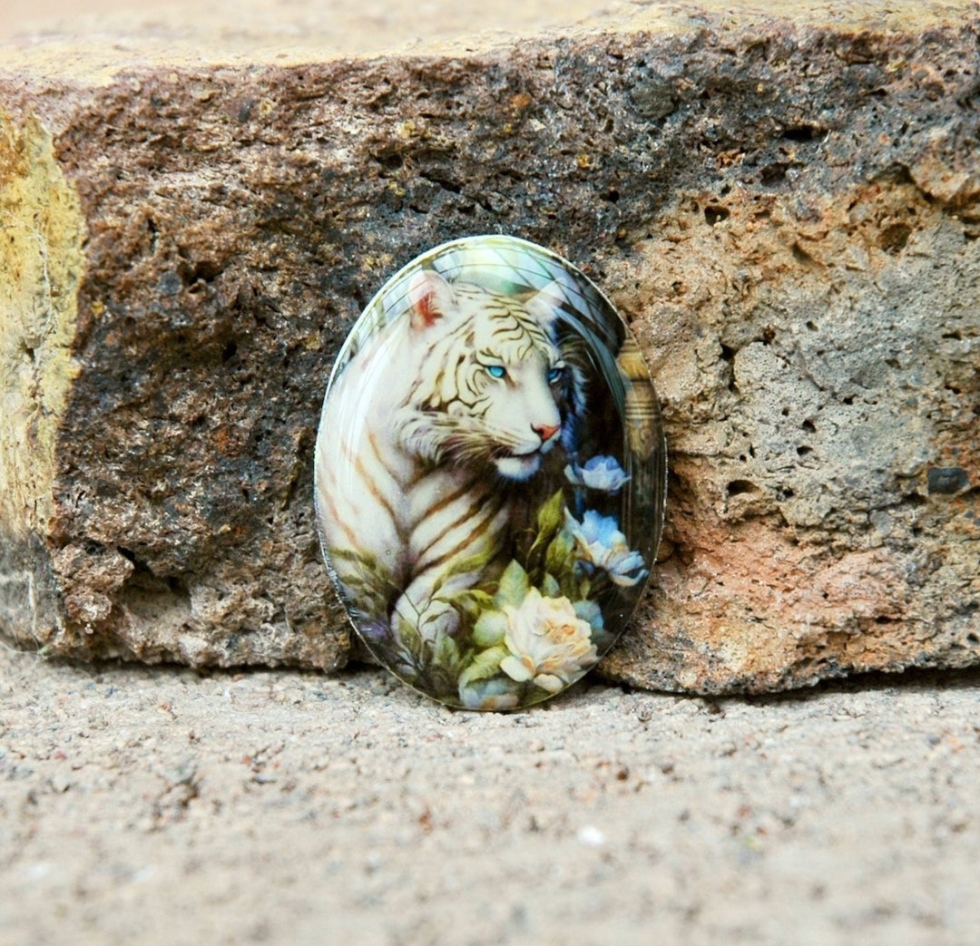 White Tiger Polymer Clay and Resin Image Transfer Cabochon Cabochon for ...