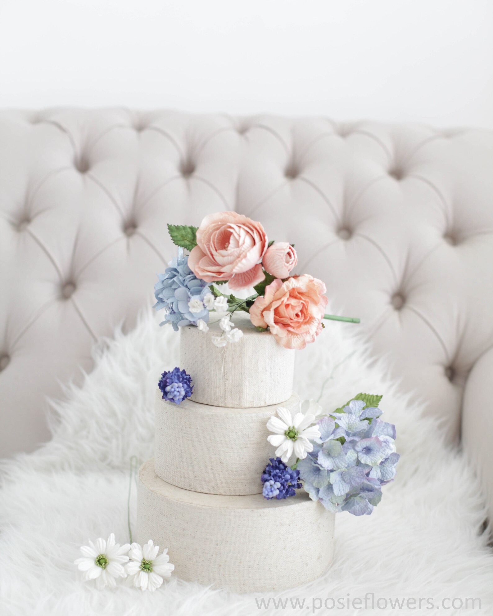 Paper Flower Cake Topper PEACH ROSE Blue Hydragea and White - Etsy