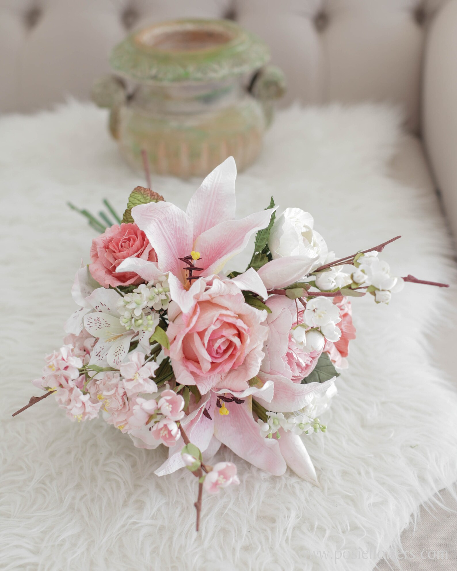 Diameter 9" Bespoke SWEET PINK LILY Bridal Round Paper Bouquet - White ...