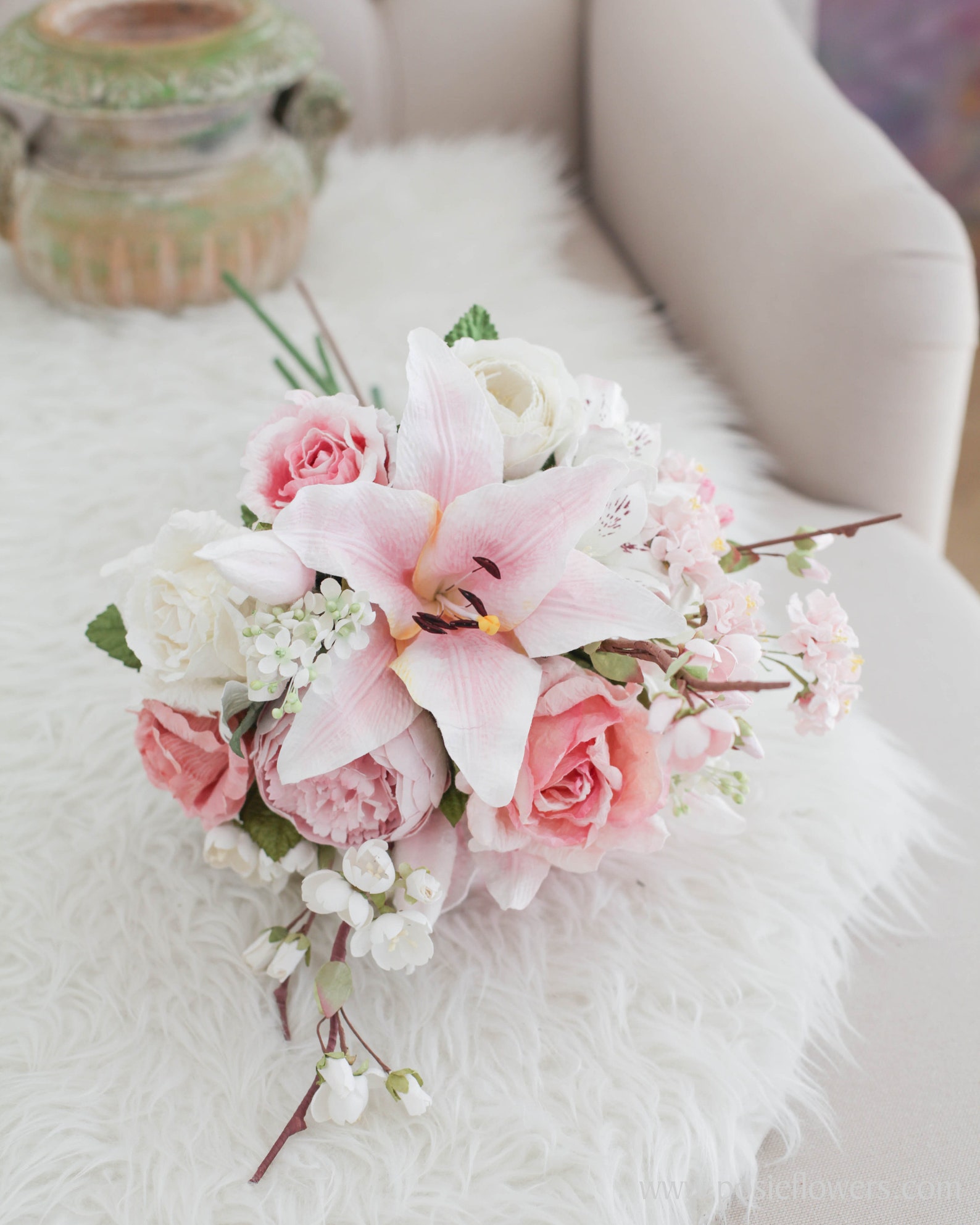 Diameter 9" Bespoke SWEET PINK LILY Bridal Round Paper Bouquet - White ...