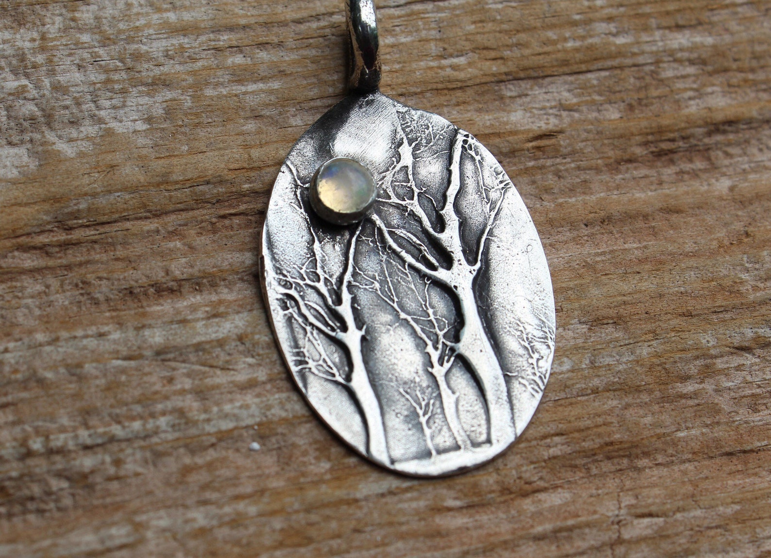 Sterling Silver Forest Pendant Rainbow Moonstone Pendant | Etsy