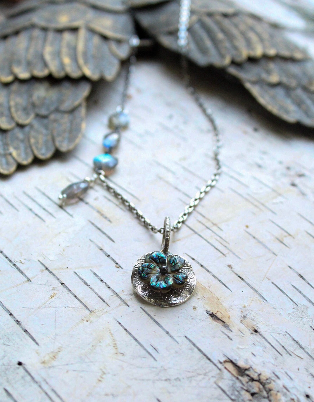 Carved Abalone Flower Necklace With Labradorite and Sterling Silver - Etsy