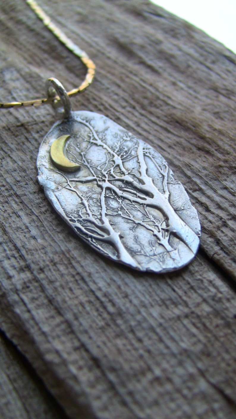 Sterling Silver Forest Pendant: Gold Crescent Moon, Enchanted Jewelry ...