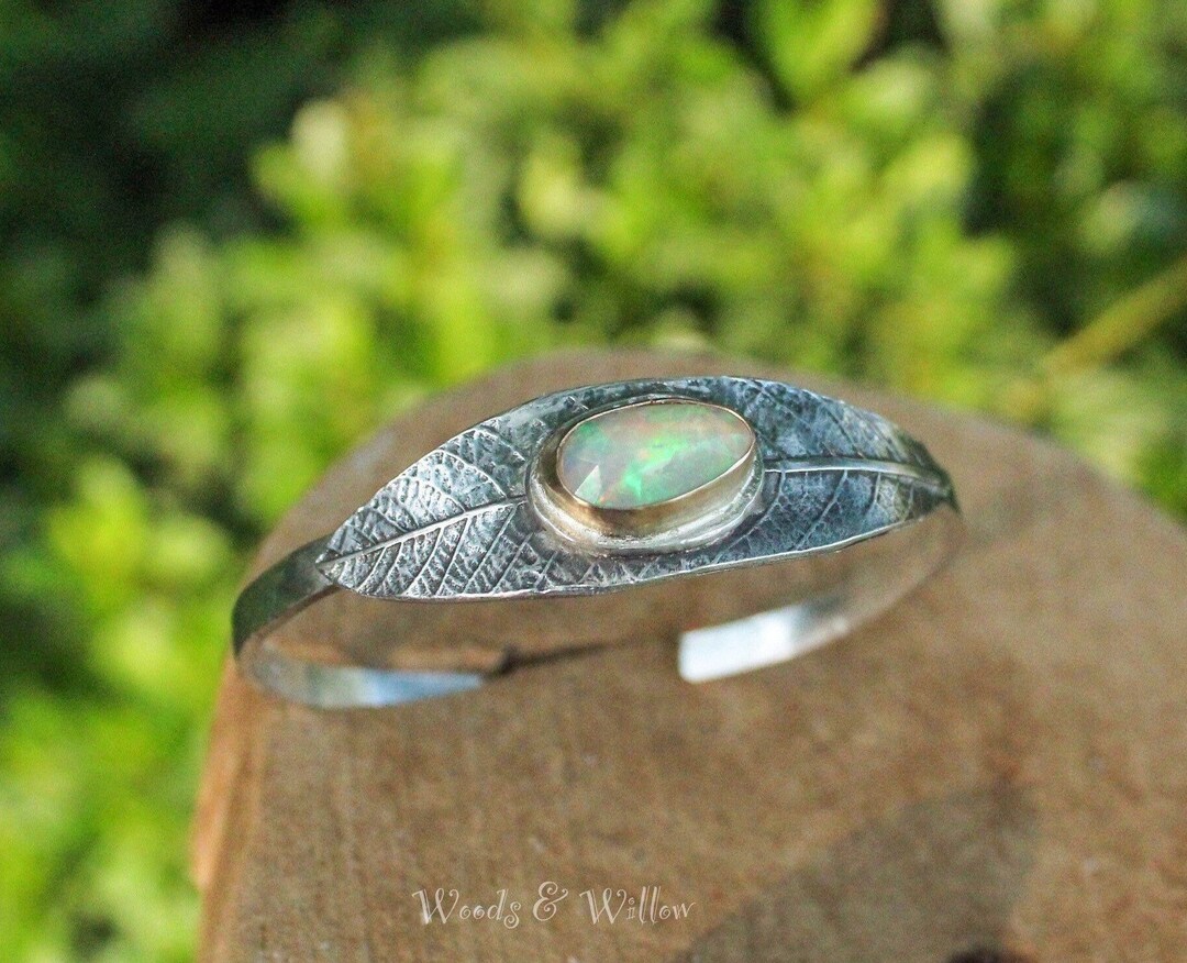 Sterling Silver Willow Leaf Cuff: Ethiopian Opal Gemstone Bracelet - Etsy