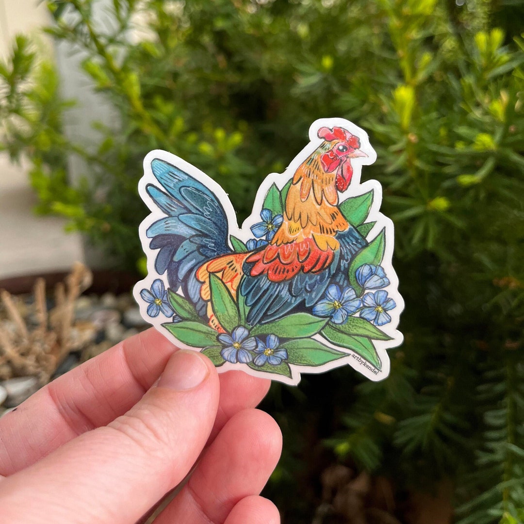 Cute Rooster Vinyl Sticker, Rooster and Flowers Sticker, Rooster Art ...