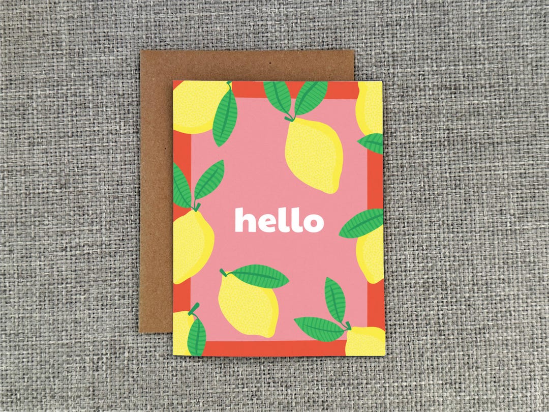 Hello Lemon Note Card: Pink & Red Citrus Stationery - Etsy
