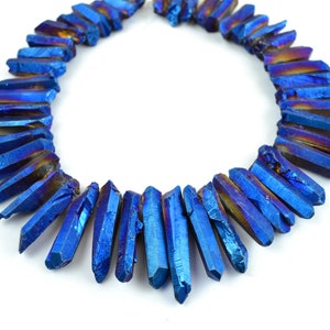 Blue Metalic Titanium Quartz Point Beads Raw Rough Rock Crystal Spike ...