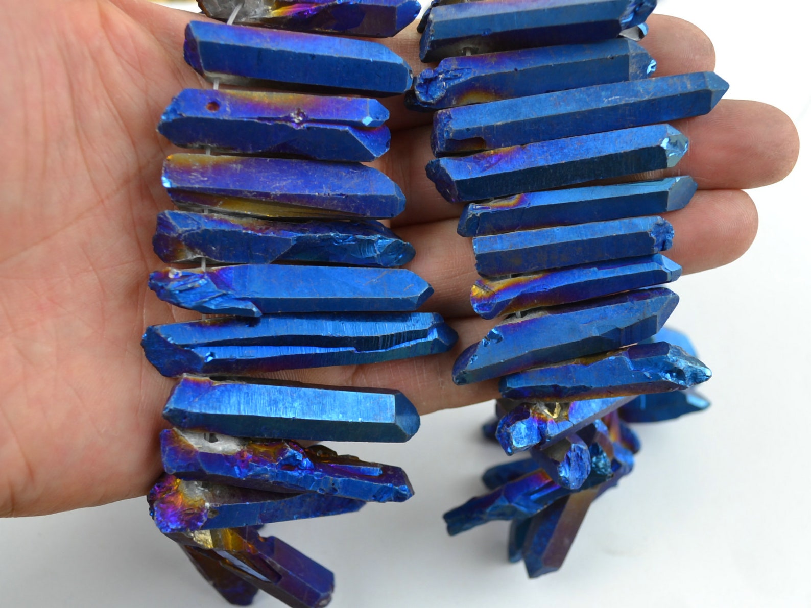 Blue Metalic Titanium Quartz Point Beads Raw Rough Rock Crystal Spike ...