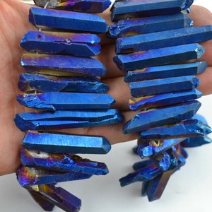 Blue Metalic Titanium Quartz Point Beads Raw Rough Rock Crystal Spike ...