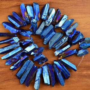 Blue Metalic Titanium Quartz Point Beads Raw Rough Rock Crystal Spike ...