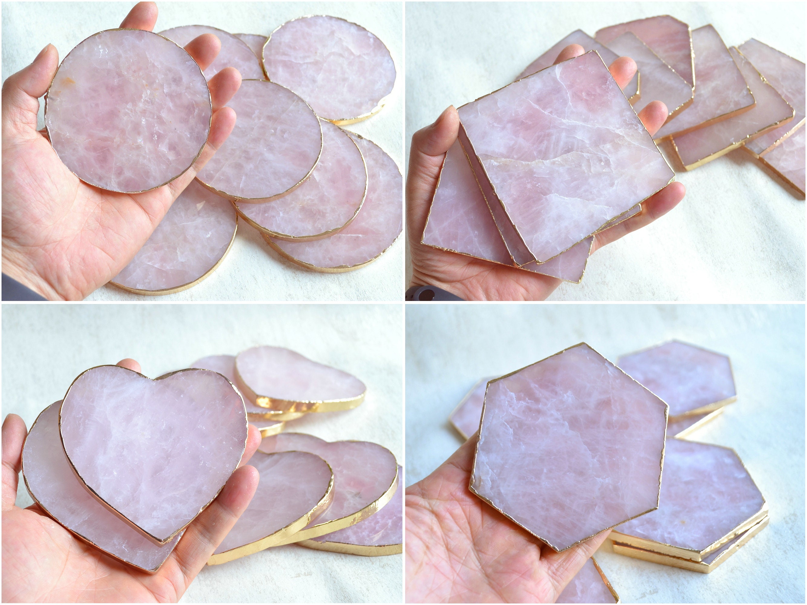 80-100mm Rose Quartz Pink Crystal Coasters With Gold Electroplated Edge ...