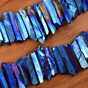 Blue Metalic Titanium Quartz Point Beads Raw Rough Rock Crystal Spike ...