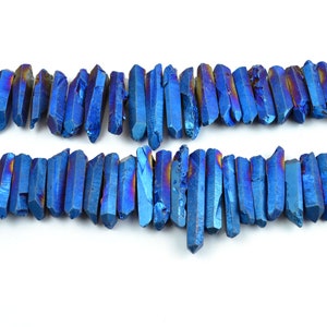 Blue Metalic Titanium Quartz Point Beads Raw Rough Rock Crystal Spike ...