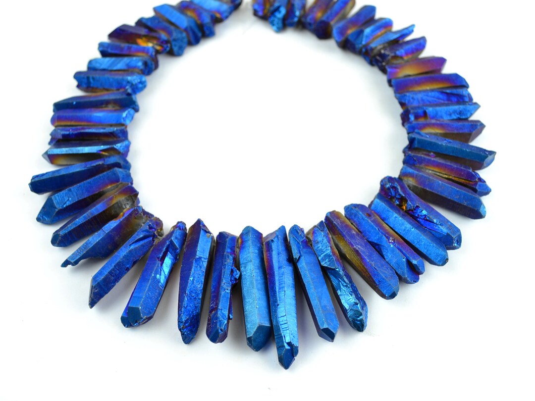 Blue Metalic Titanium Quartz Point Beads Raw Rough Rock Crystal Spike ...