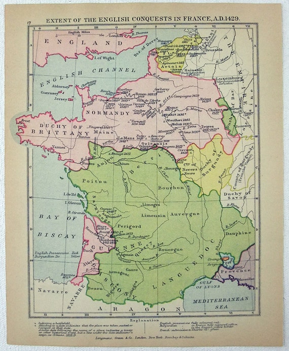 Vintage Map of the Extent of English Conquests in France AD | Etsy