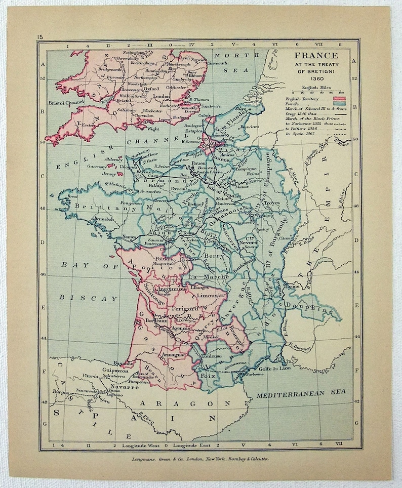 Vintage Map of France at the Treaty of Bretigini in 1360 | Etsy