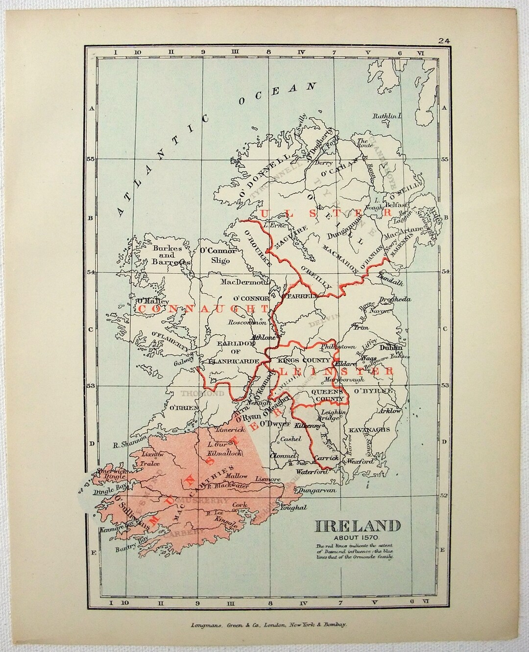 Vintage Map of Ireland Circa 1570 - Published in 1902 by Longmans Green ...