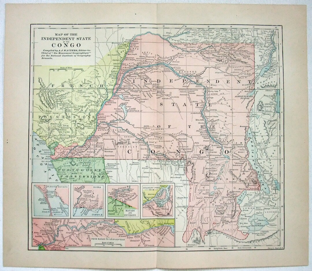 Original 1895 Map of the Independent State of the Congo by Hunt & Eaton ...
