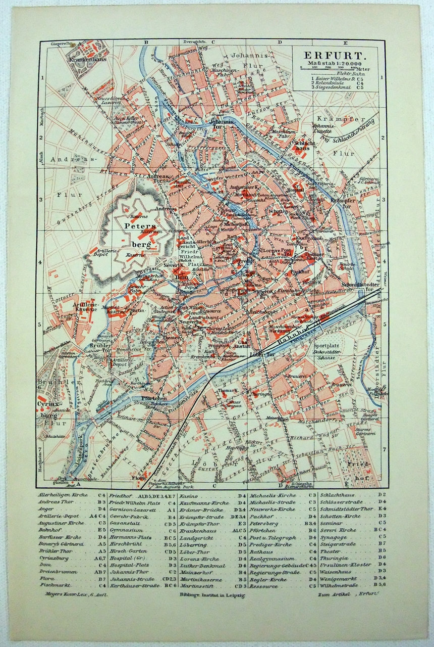 Erfurt Germany - Original 1904 City Map by Meyers. Antique Original Map ...