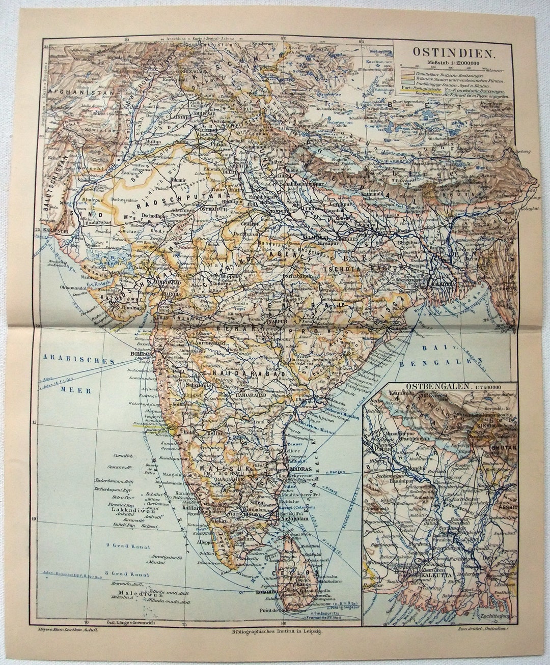 Original 1908 Map of India During the Colonial Era by Meyers. Antique ...