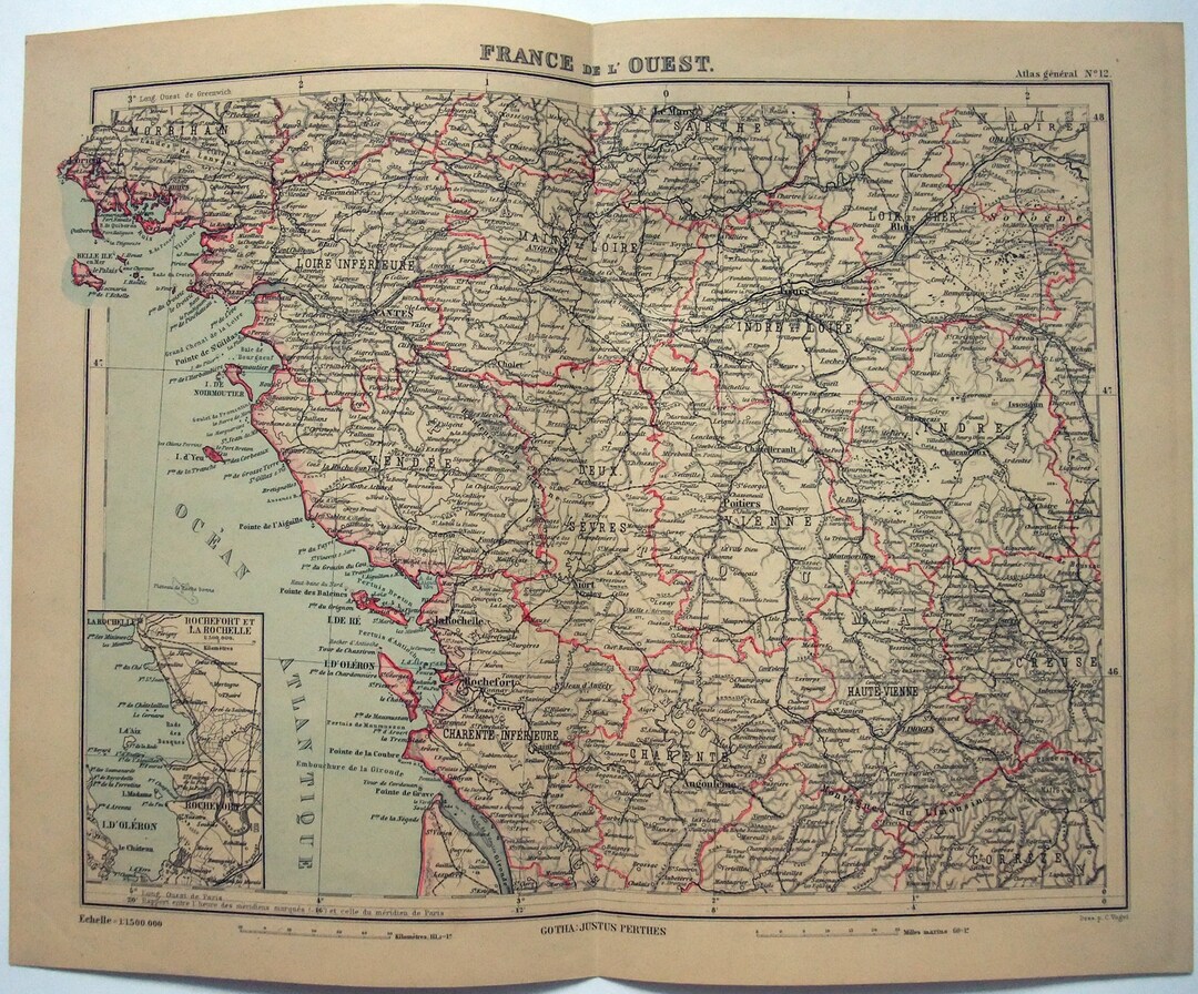 Original 1895 Map of Western France by Justus Perthes - French Copper ...