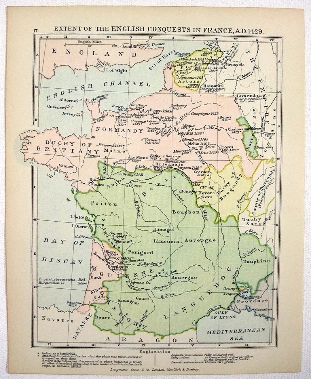Vintage Map of the Extent of English Conquests in France AD 1429 ...