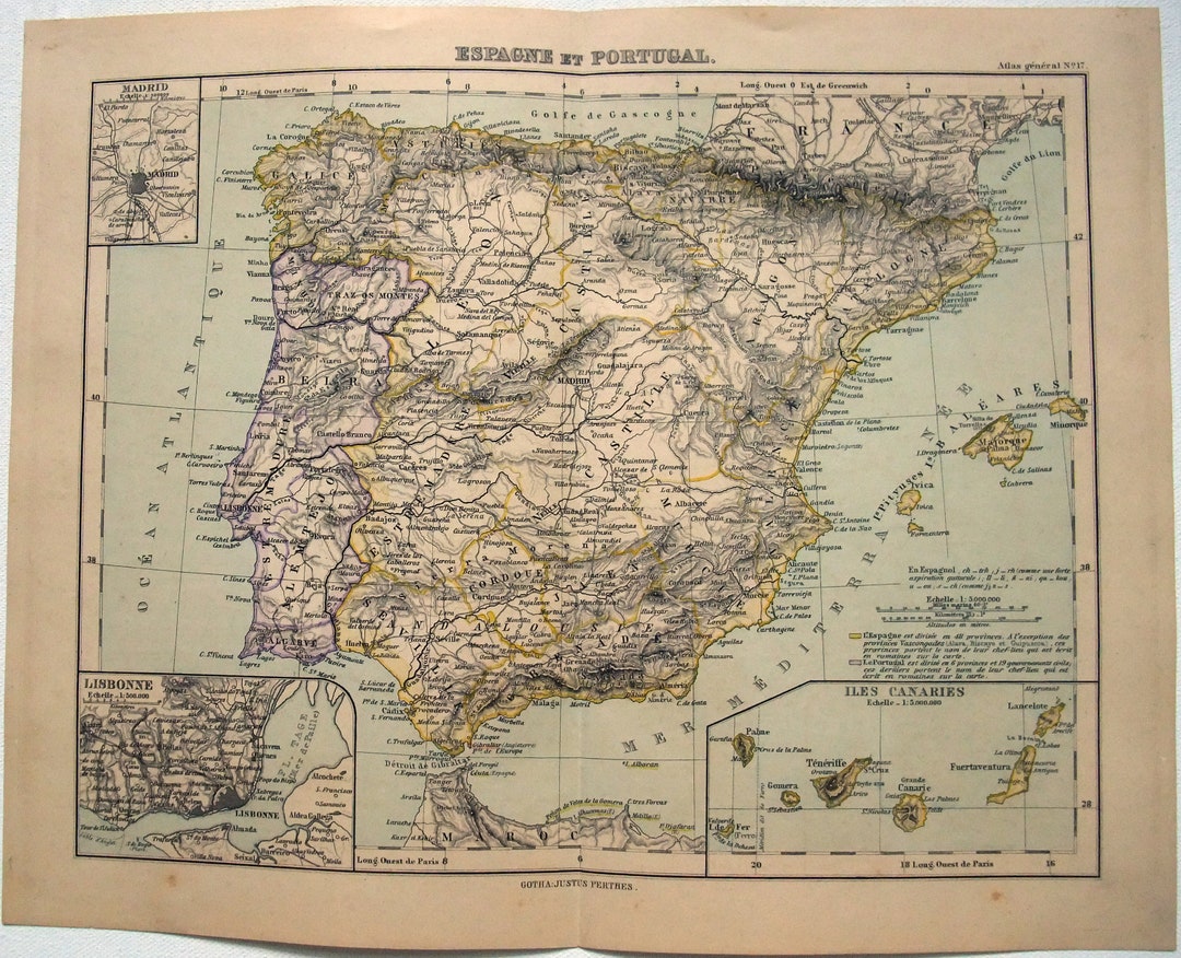 Original 1895 Map of Spain & Portugal by Justus Perthes - A French ...