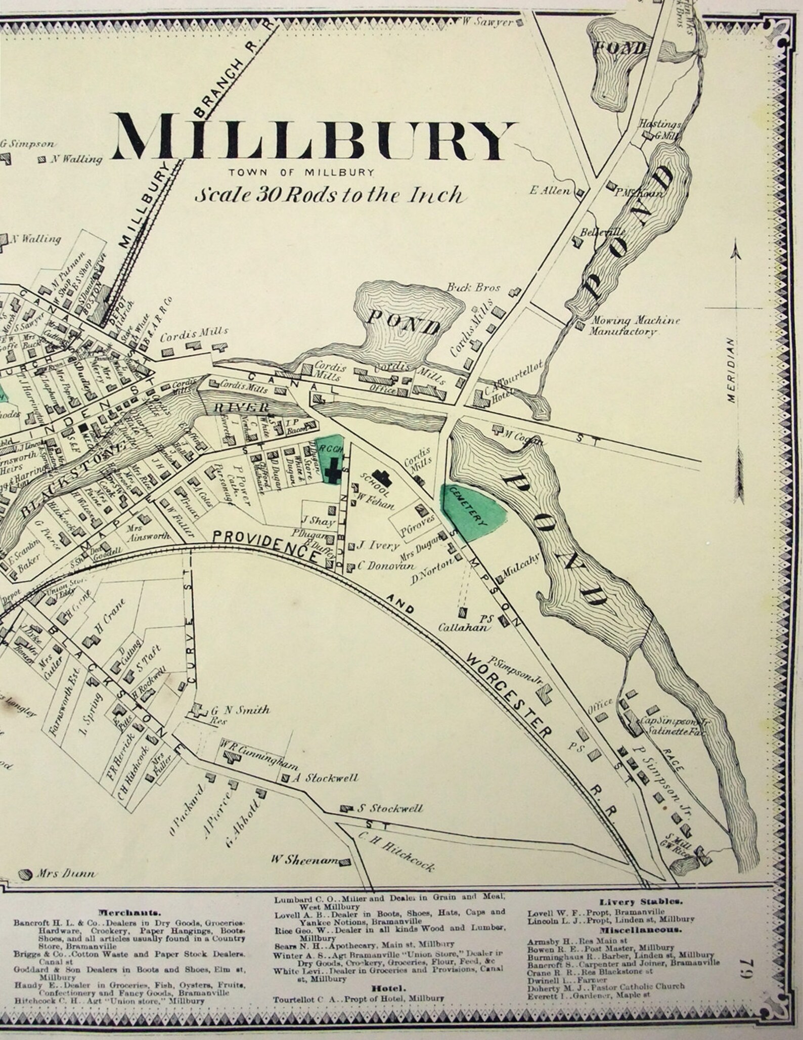 Millbury, Massachusetts. 1870 Map by FW Beers. Hand Colored. Antique ...