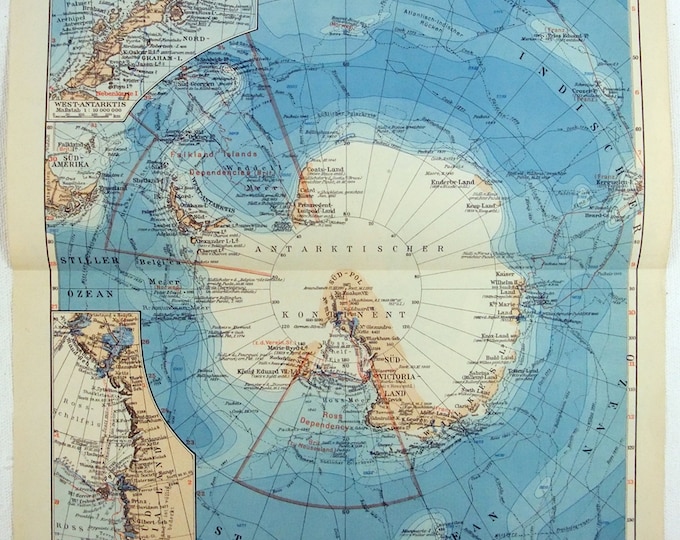 Antarctica Original German Language Map by Meyers. South Pole. Vintage ...