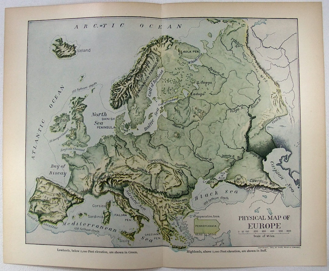Europe - Original 1903 Physical Map by Dodd Mead & Company. Antique - Etsy