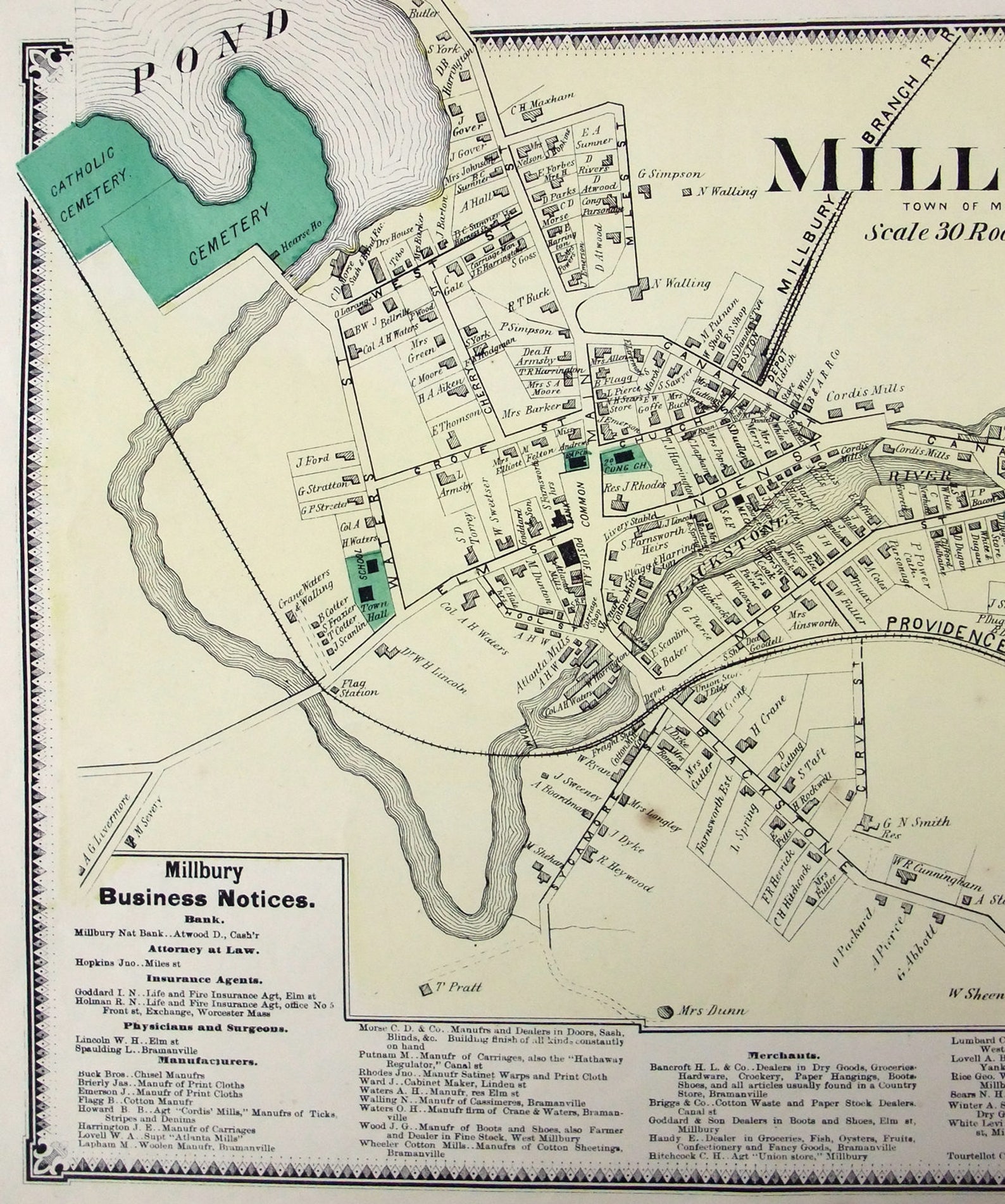 Millbury, Massachusetts. 1870 Map by FW Beers. Hand Colored. Antique ...
