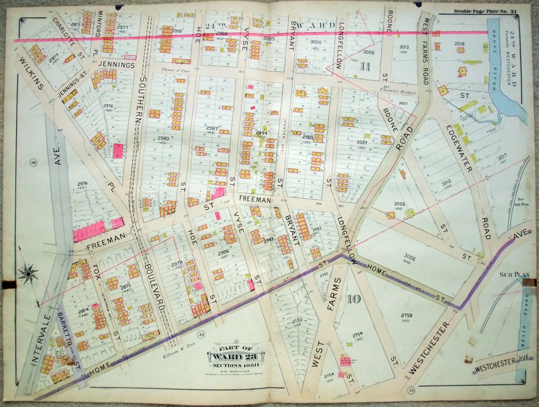 Huge Antique Map of Bronx NY - Home St to Jennings From Intervale to ...