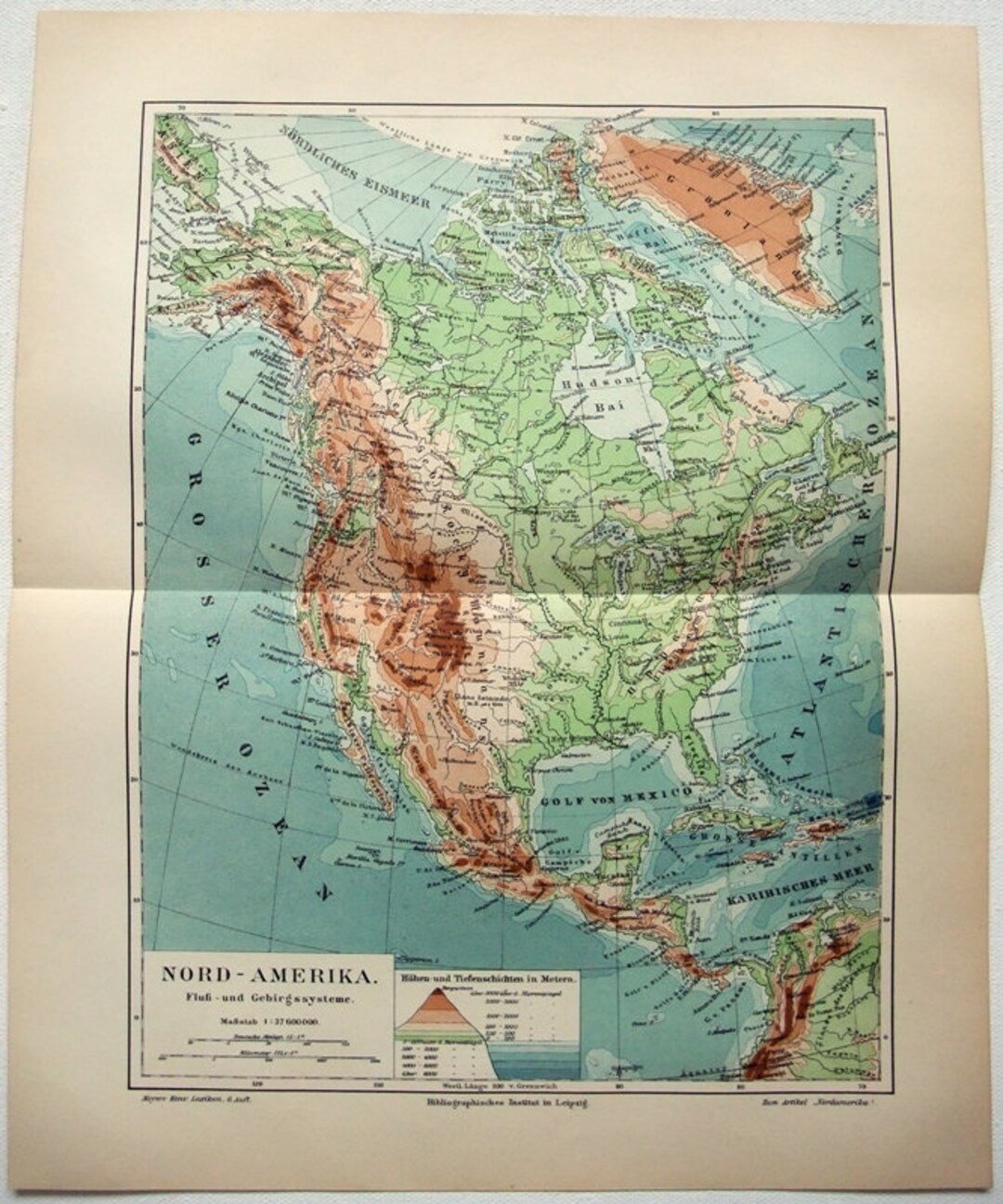 North America - 1907 Physical Map by Meyers. German Language. Antique ...