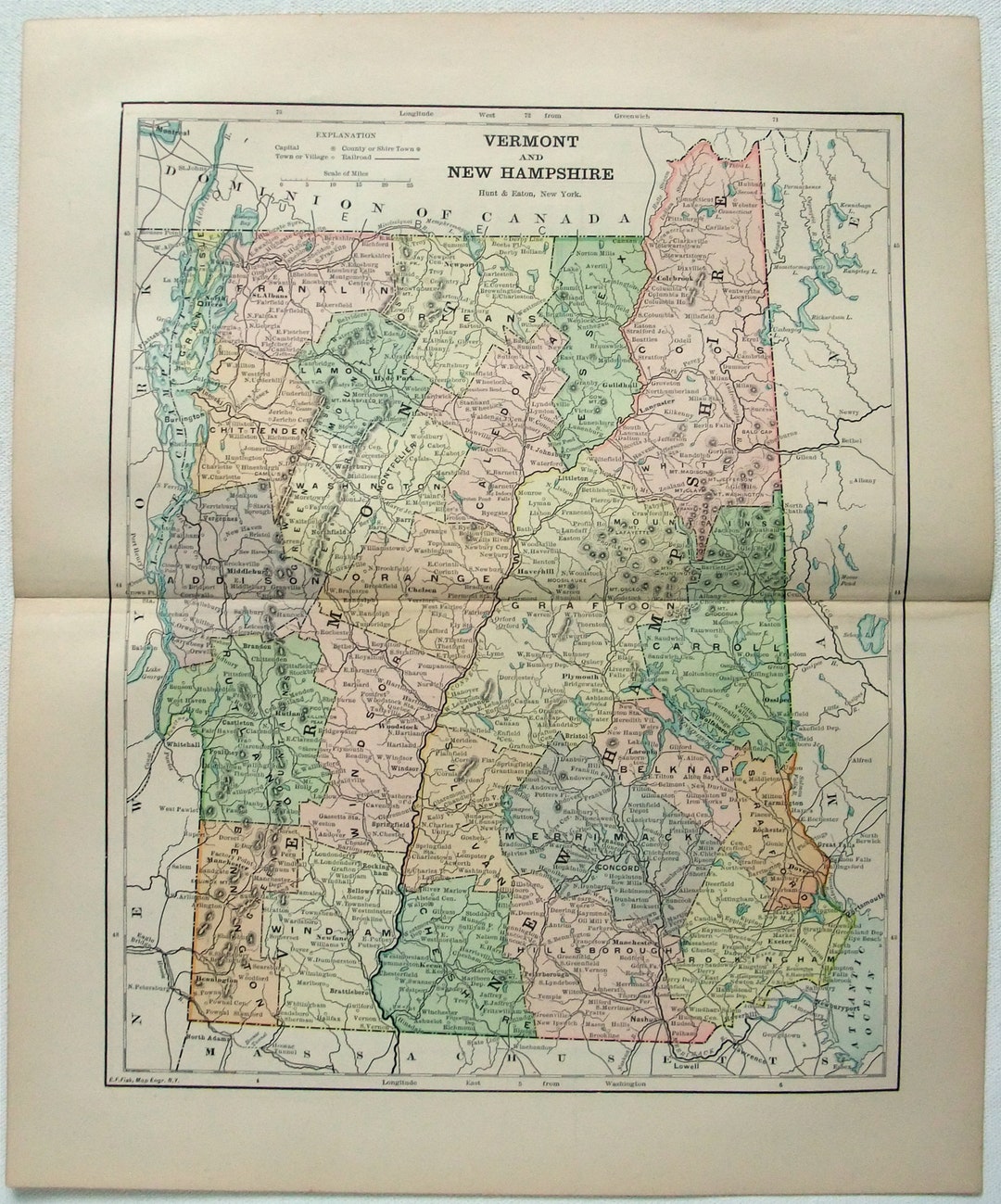 Original 1891 Map of Vermont New Hampshire by Hunt & Eaton. Antique - Etsy