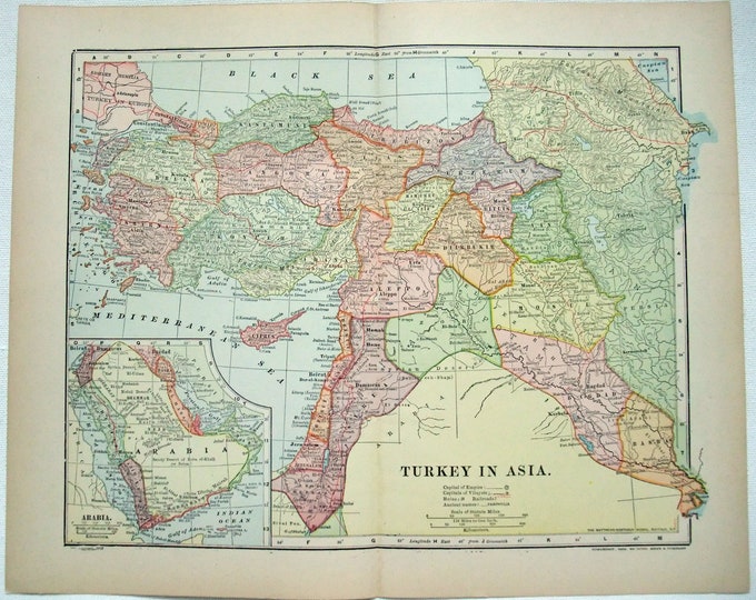 Antique 1910 Map of Turkey in Asia: Ottoman Empire Chromolithograph - Etsy