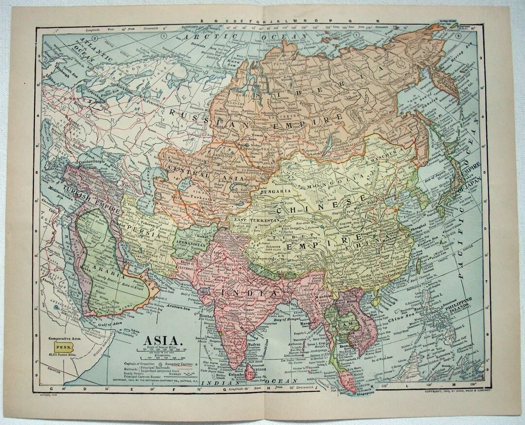 Asia - Original 1910 Map by Dodd Mead & the Matthews Northrup Company ...