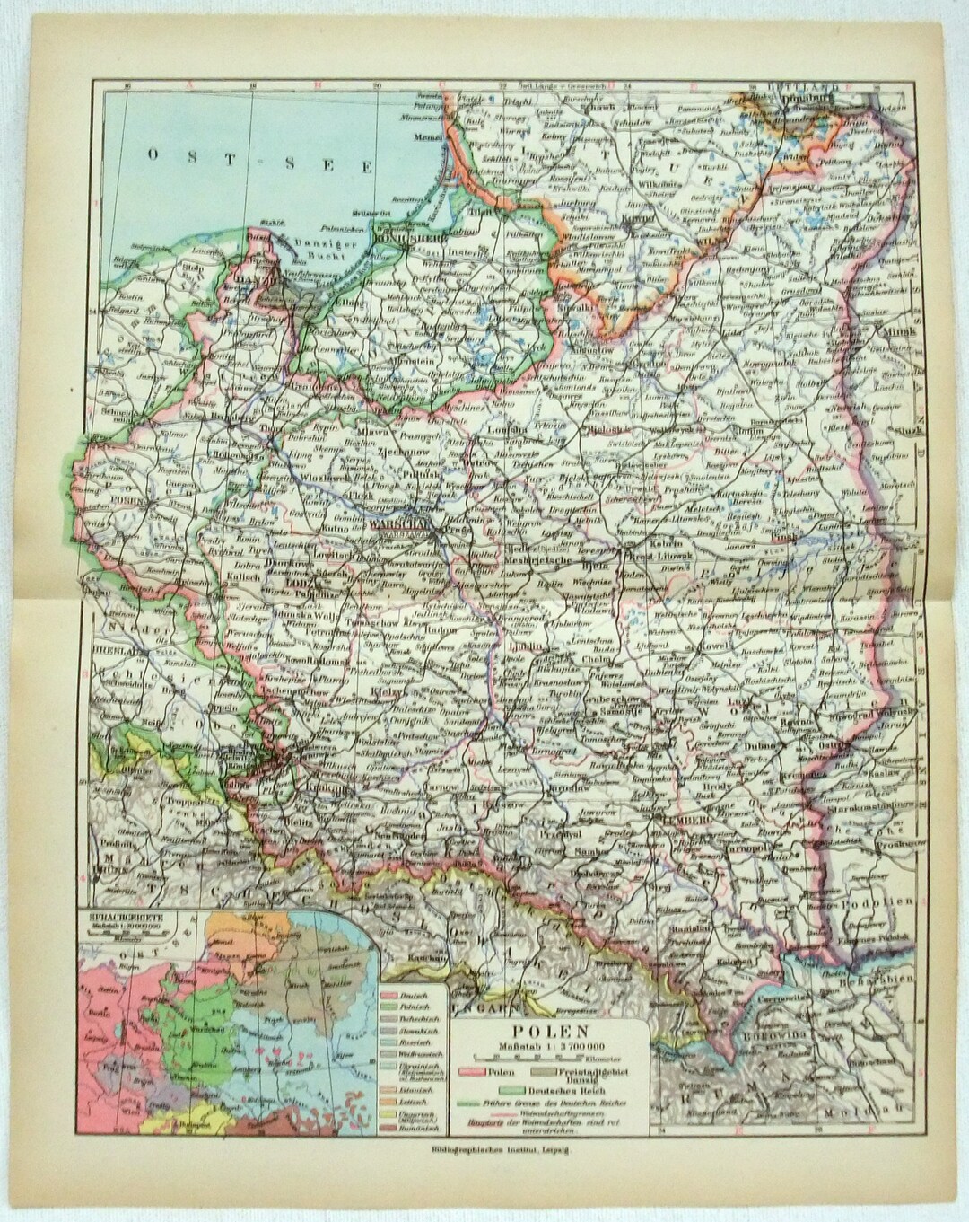 Poland - Original 1923 German Language Map by Meyers. Vintage - Etsy