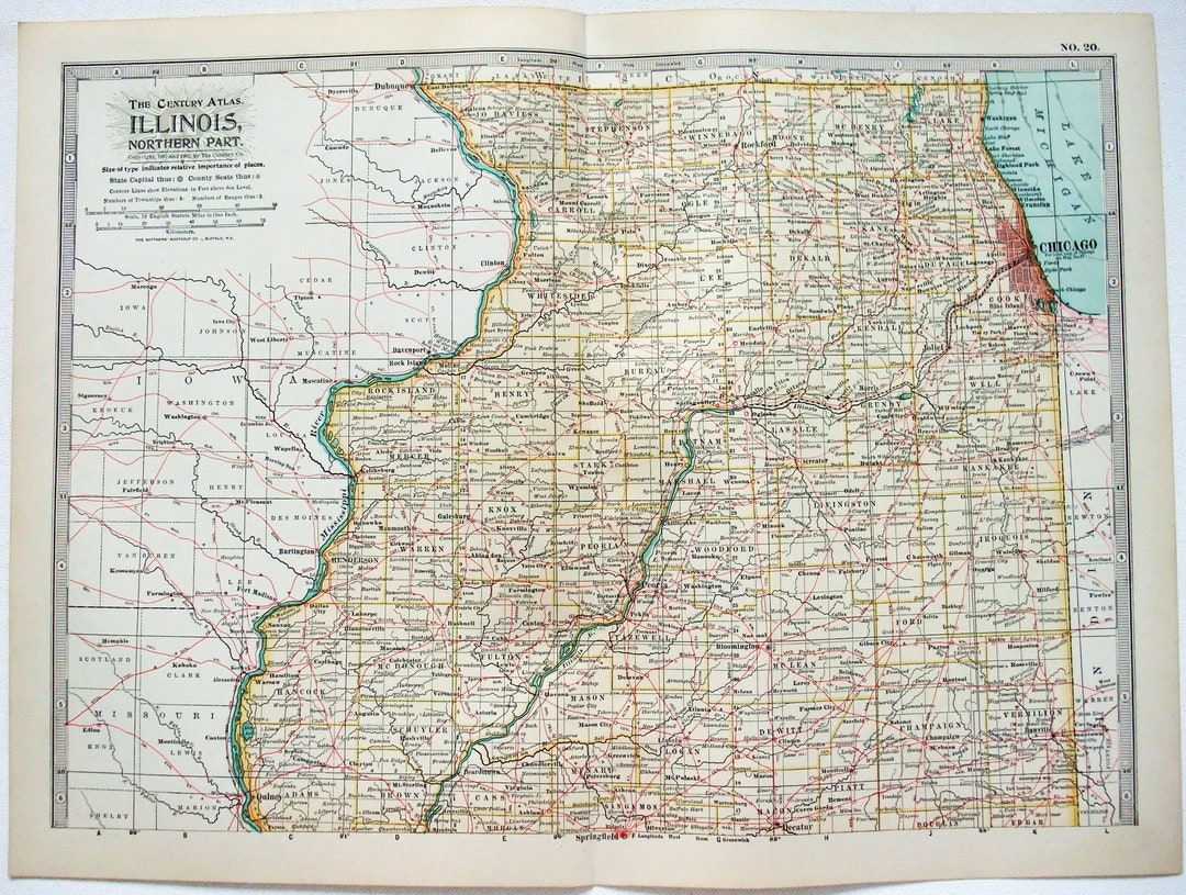 Original 1902 Map of Northern Illinois by the Century Company. Antique ...