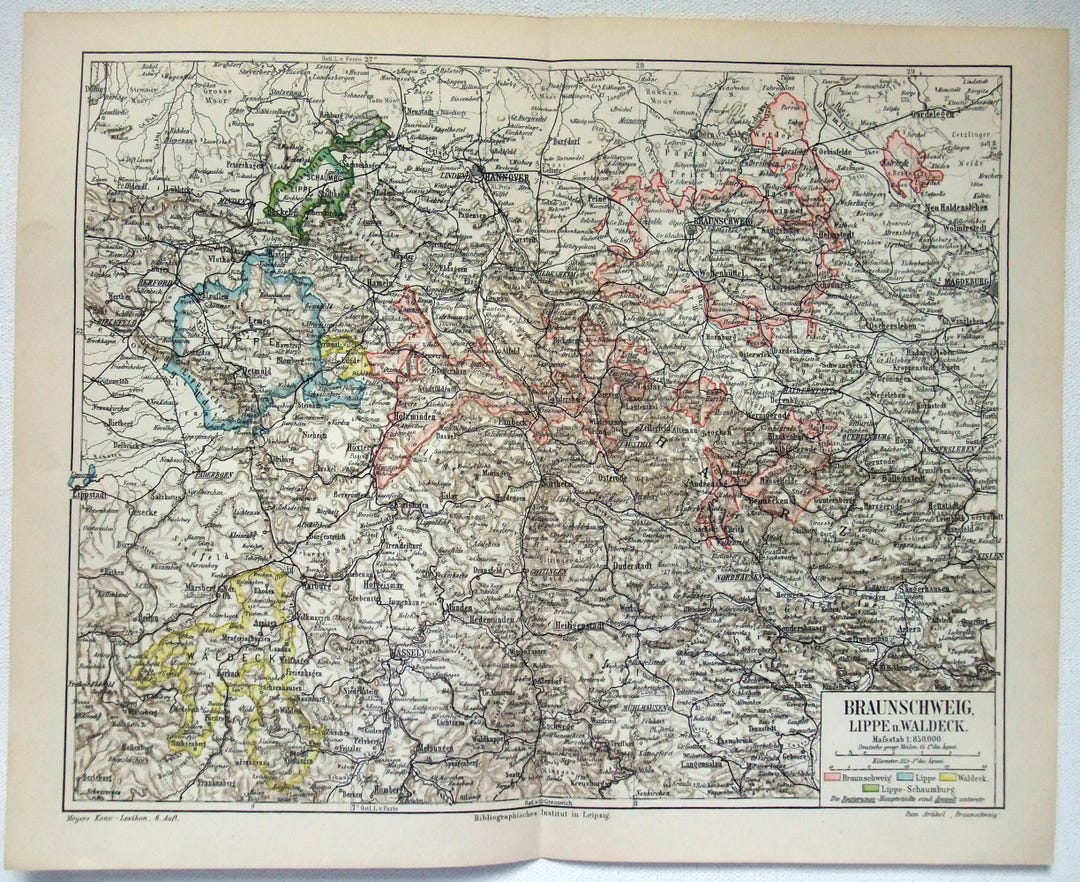Brunswick Lippe & Waldeck Germany - Original 1908 Map by Meyers ...