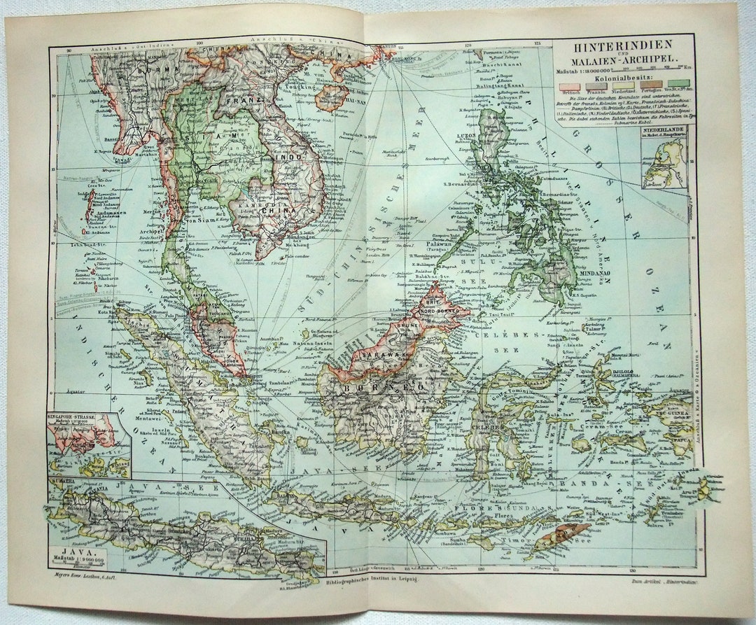 Original 1908 Map of Southeast Asia, Malay Peninsula, Dutch East Indies ...
