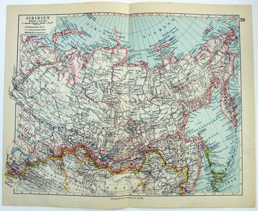 Siberia Mapa original en alemán de 1931 de Meyers. Vintage URSS Rusia ...