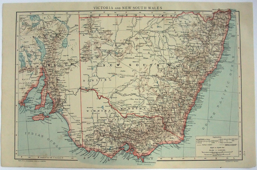 Original 1893 Map of Victoria & New South Wales by the Atlas Publishing ...