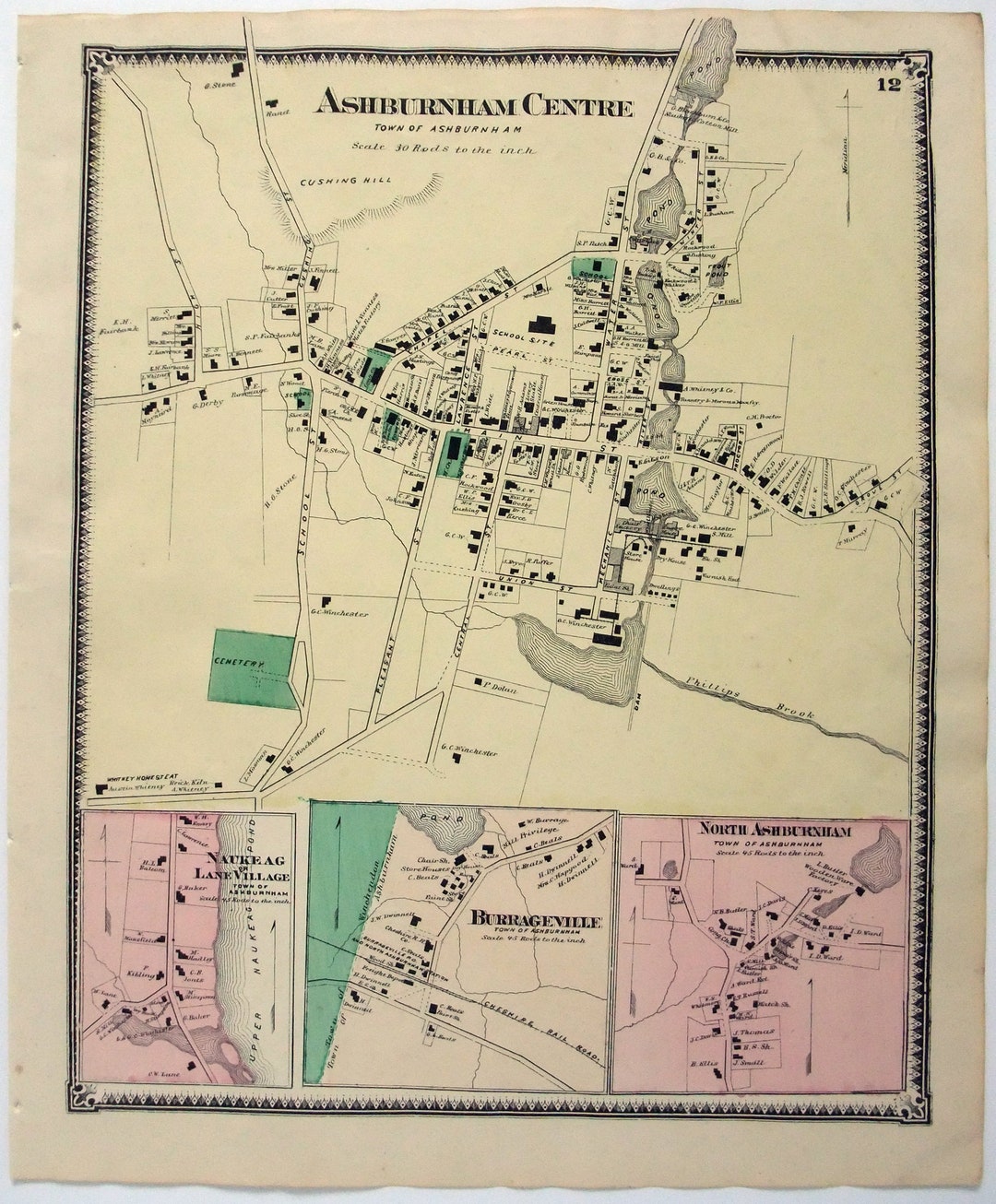 Ashburnham Centre, Massachusetts. 1870 Map by FW Beers. Hand Colored ...