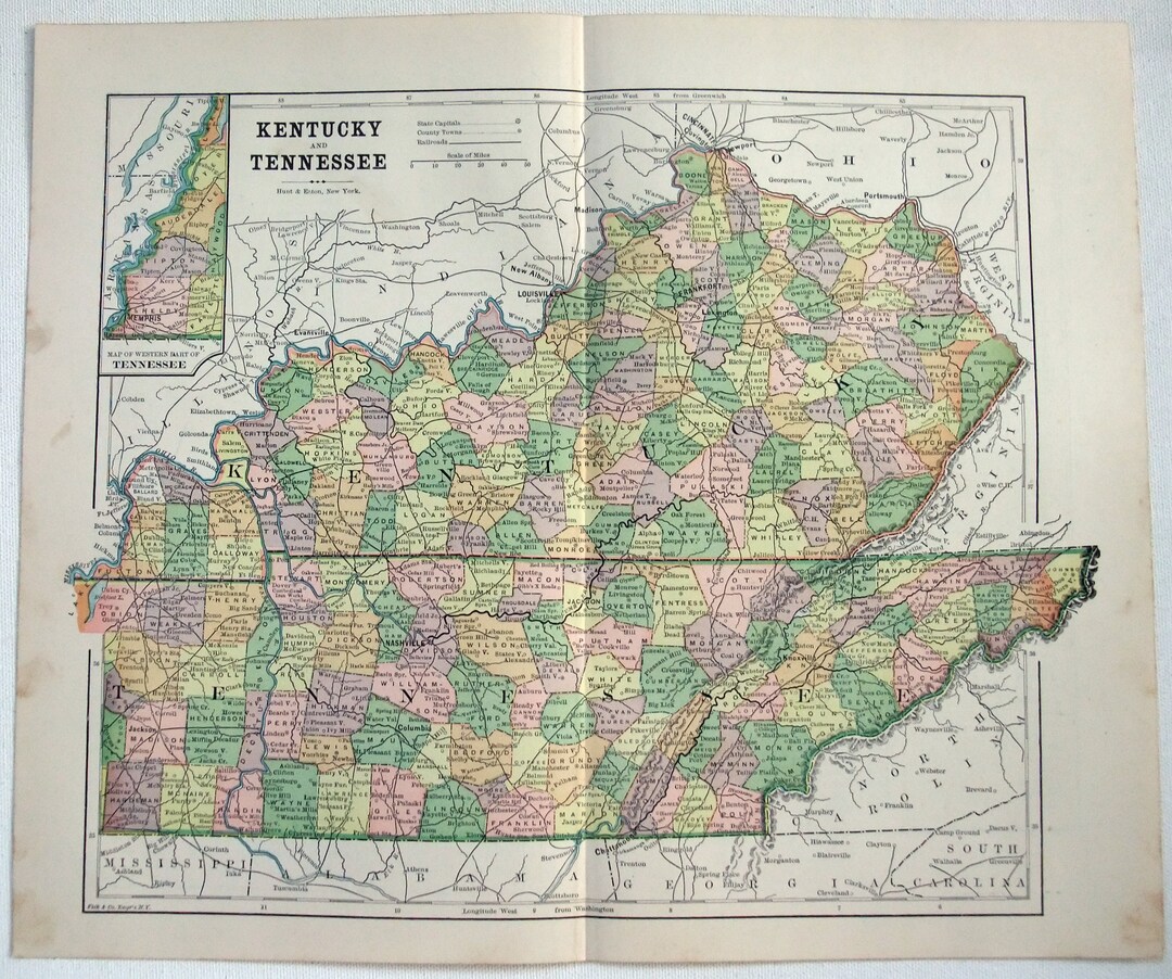 Kentucky and Tennessee - Original 1891 Map by Hunt & Eaton. Antique - Etsy