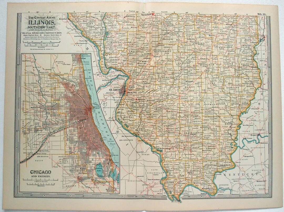 Original 1902 Map of Southern Illinois by the Century Company. Antique ...