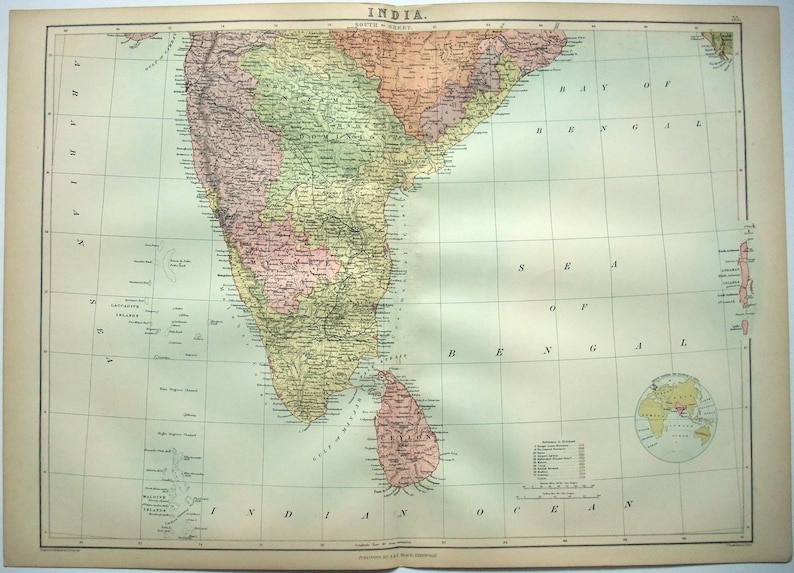 Southern India Large Original 1876 Map by A & C Black. | Etsy
