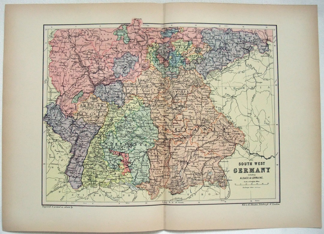 SW Germany - Original 1895 Map by W & A. K. Johnston. Bavaria Bayern ...